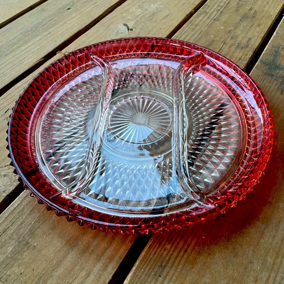 Dining | Vintage Diamond Point Indiana Glass Ruby Flash Rim Relish Tray ...